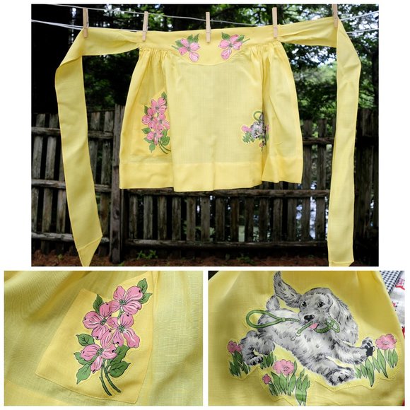 Vintage | Other | Vtg Sun Yellow Apron W Fluffy Dog Pink Flowers | Poshmark